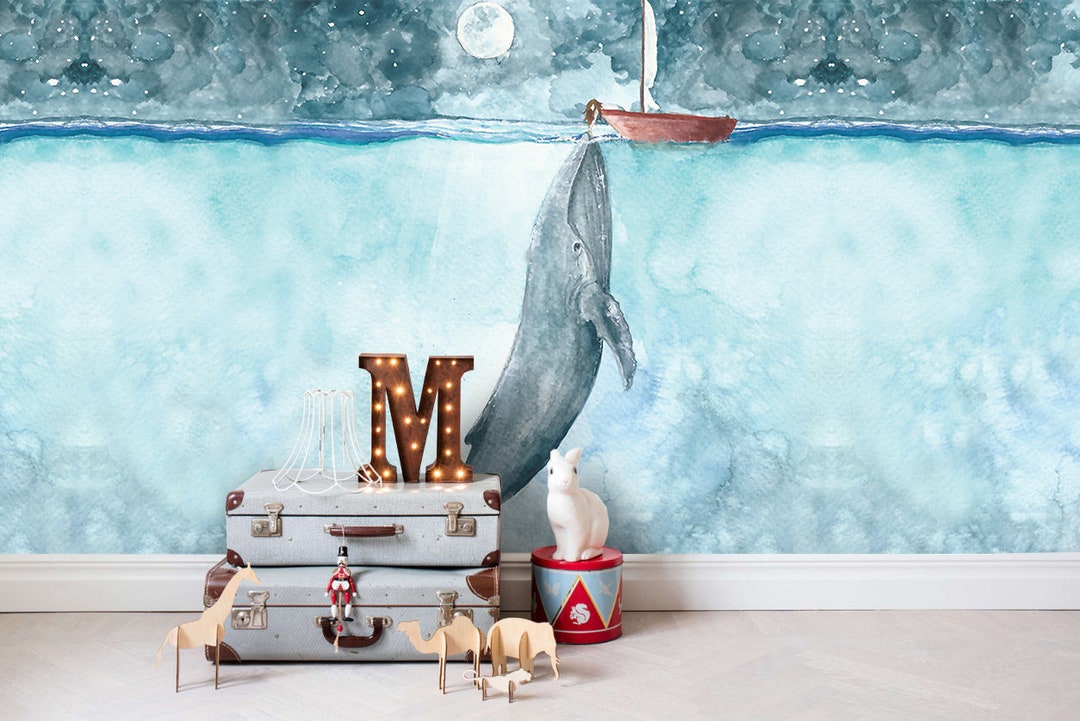 Blue Whale Wallpaper Mural, Ocean Sailboat, Removable Peel and Stick - Etsy