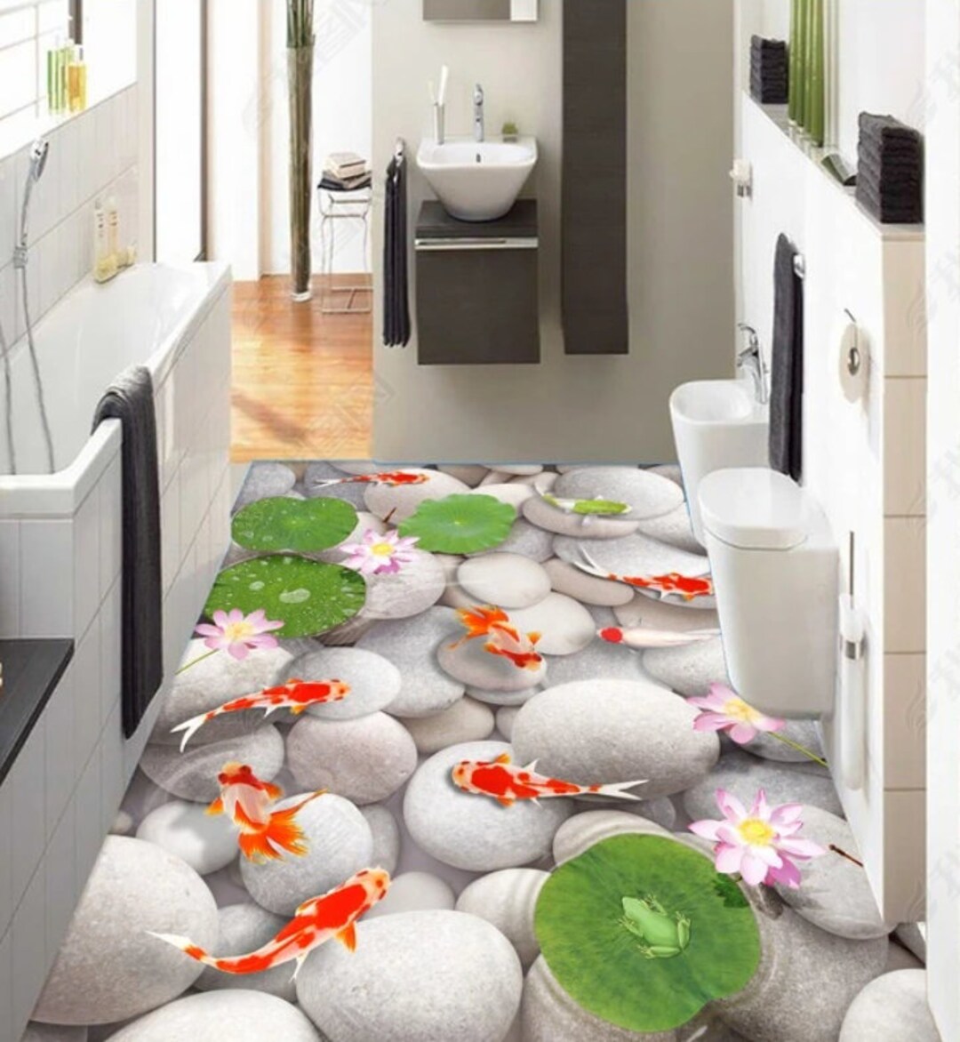 3D Fish Lotus Cobblestone, Vinyl Floor Mural, Self-adhesive Vinyl ...
