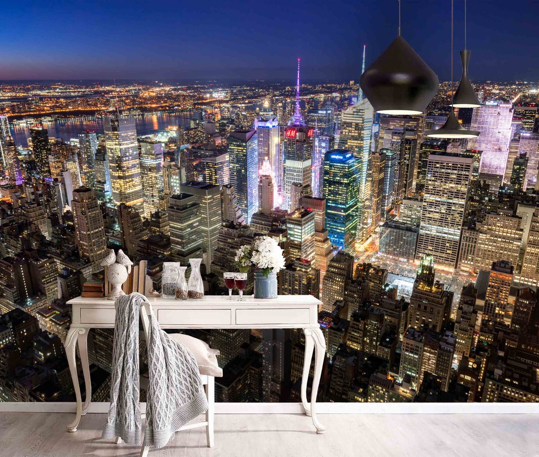 3D City Wallpaper, Building Wall Mural, Night View Wall Decor, Bustling ...