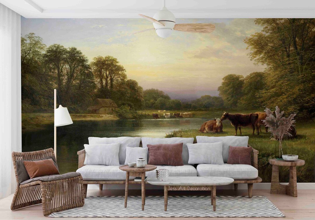 3D Countryside Wallpaper Sunset Wall Mural Oil Painting Wall - Etsy
