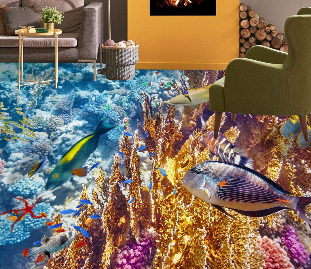 3D Undersea World Coral Fish, Vinyl Floor Mural, Self-adhesive Vinyl ...