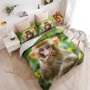 3D Monkey Duvet Covers Set, Golden Monkey Quilt Cover, Green Bedding ...