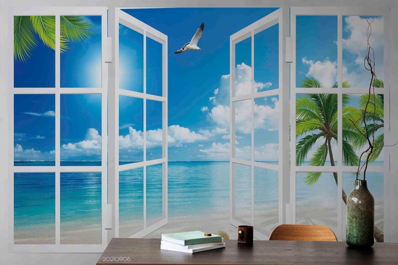 Beach Wall Mural – 3D Window Seagull Palm Trees Clear Sky Wallpaper ...