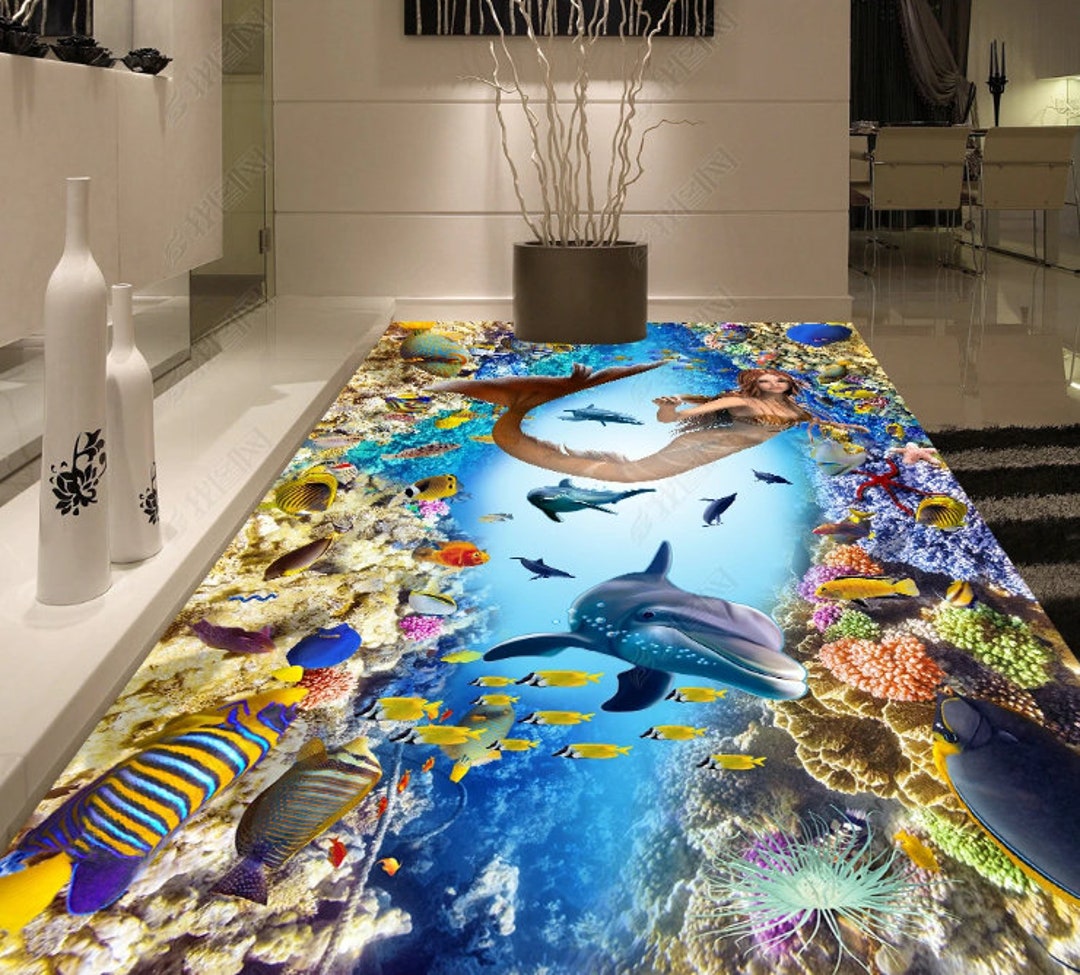 3D Mermaid Fish Coral Dolphin, Vinyl Floor Mural, Self-adhesive Vinyl ...