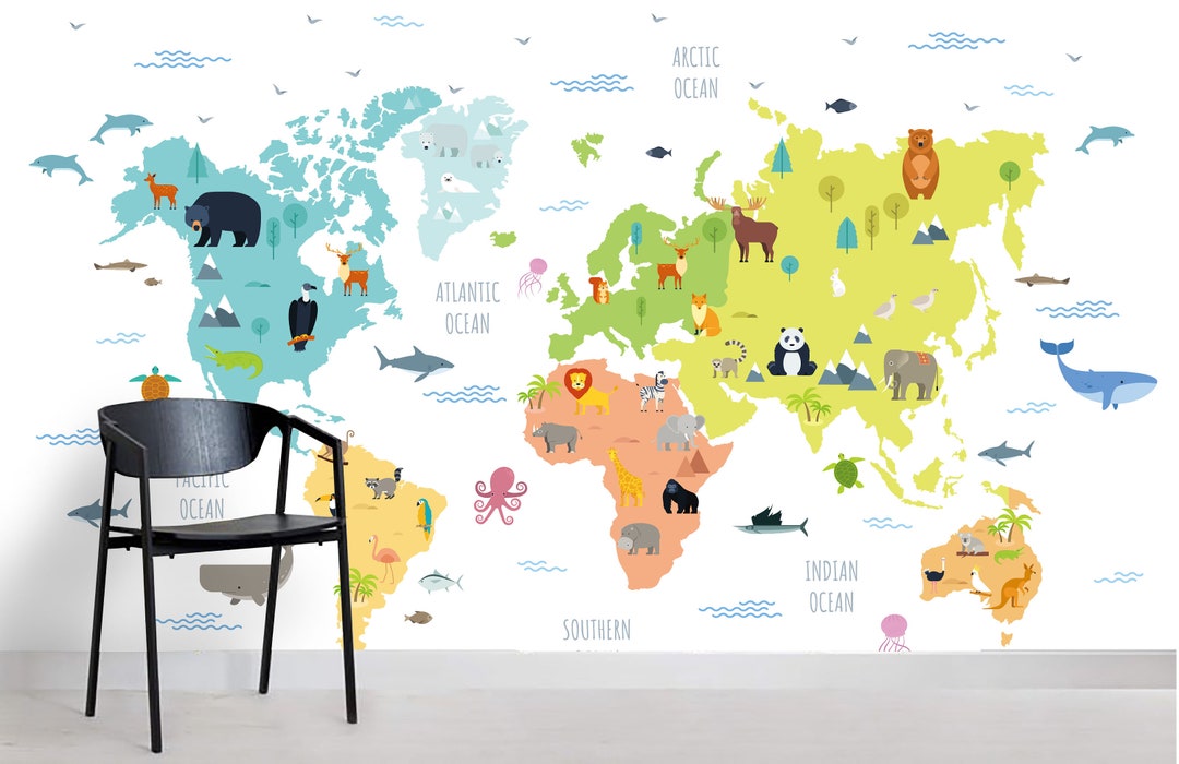 3D World Map Wallpaper, Cartoon Animal Mural, Kids Wall Decor - Etsy