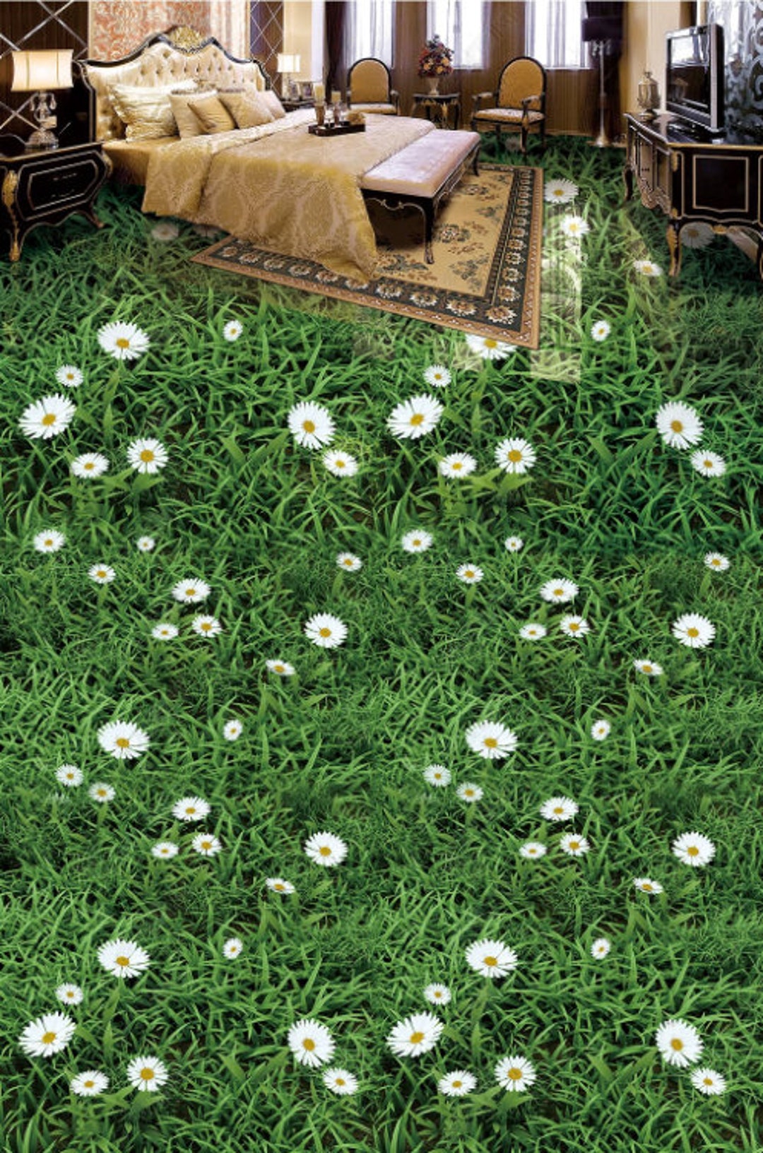 3D Green Grass White Floral, Vinyl Floor Mural, Self-adhesive Vinyl ...