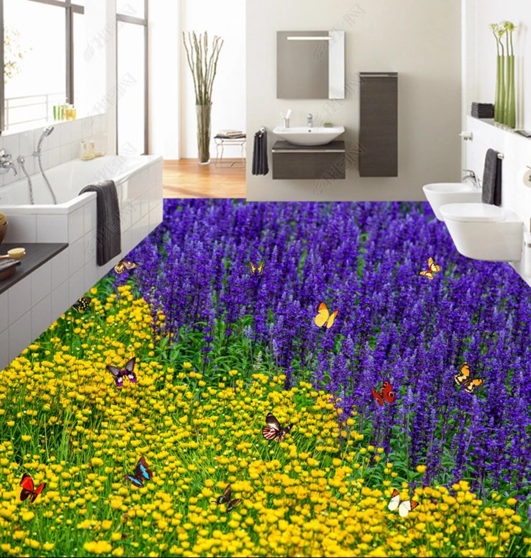 3D Lavender Butterfly Floral, Vinyl Floor Mural, Self-adhesive Vinyl ...