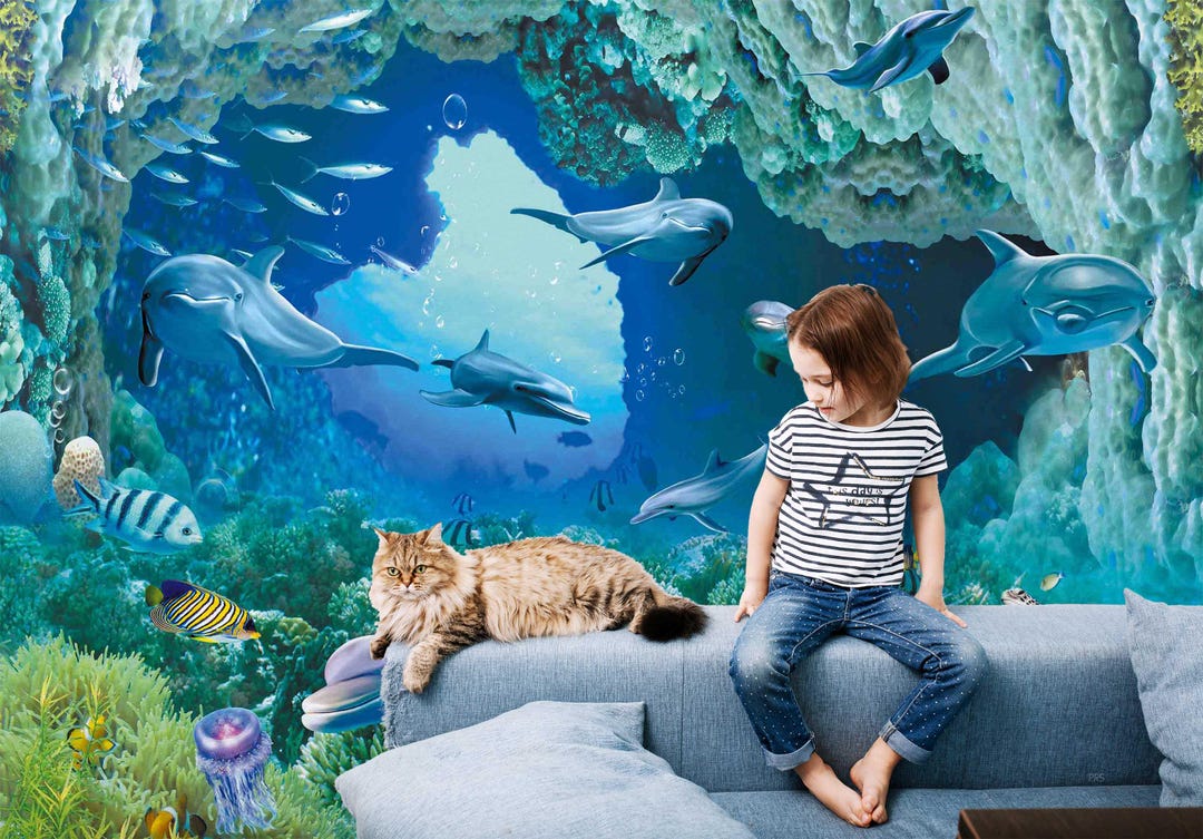 Dolphin Coral Seabed Fish Cave 3D Peel and Stick, Removable Wallpaper ...