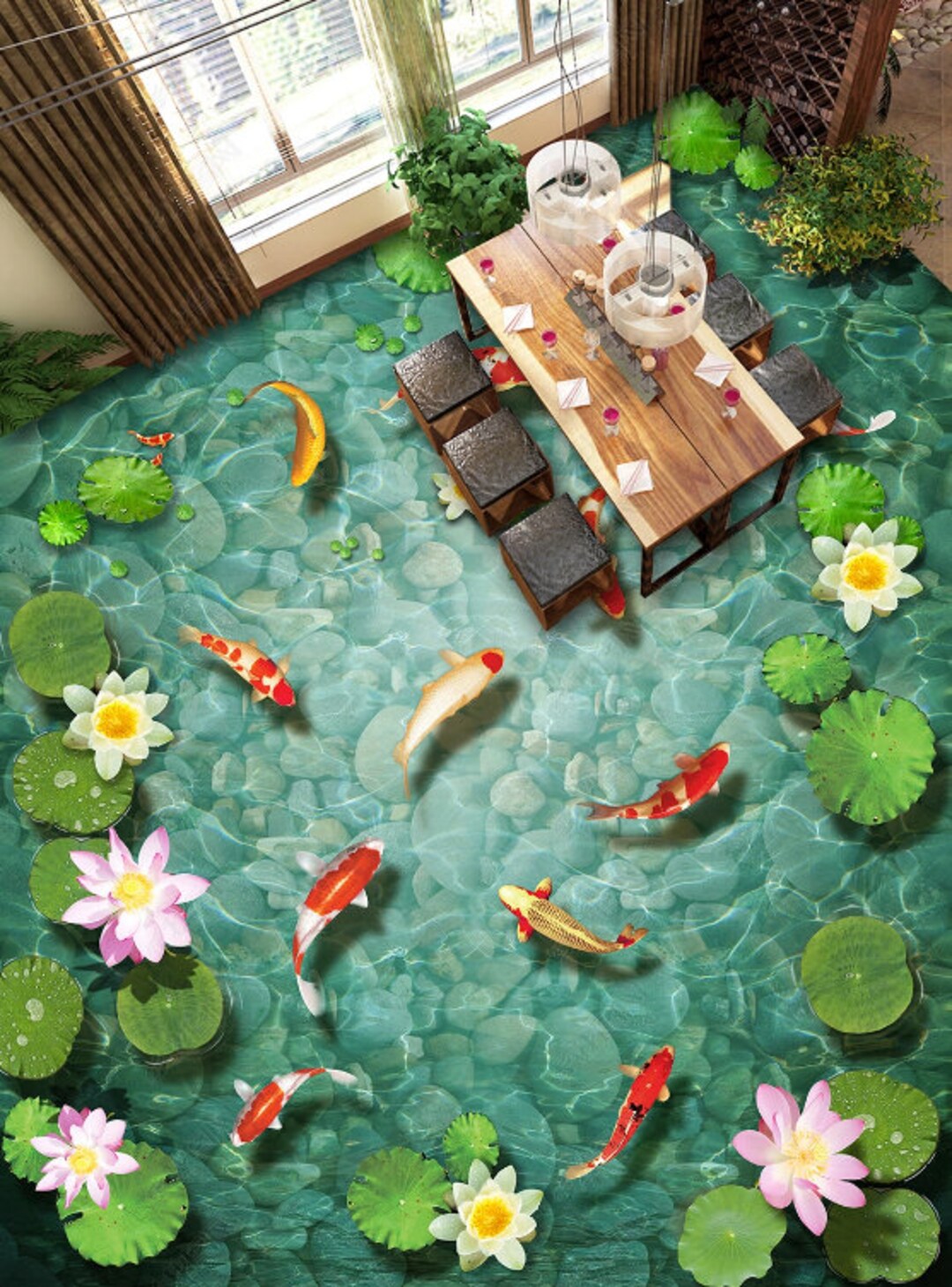 3D Pond Lotus Goldfish, Vinyl Floor Mural, Self-adhesive Vinyl, Floor ...