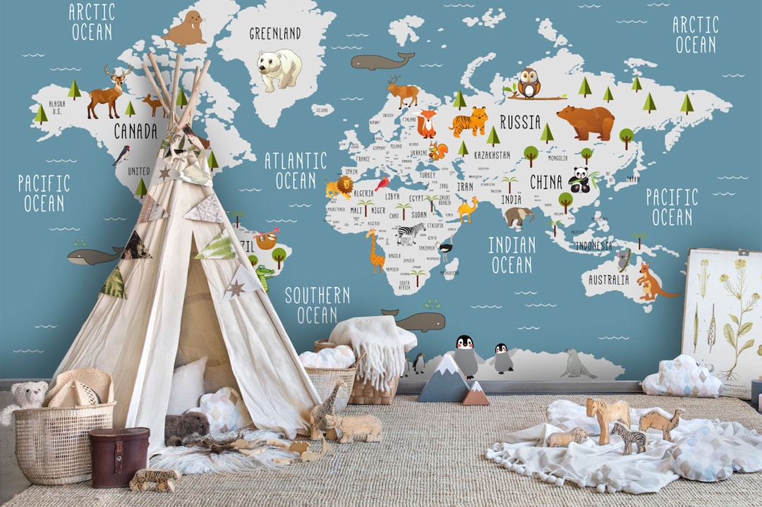 3D Kids World Map Wallpaper, Cartoon Map Wall Mural, Animal Worldmap ...
