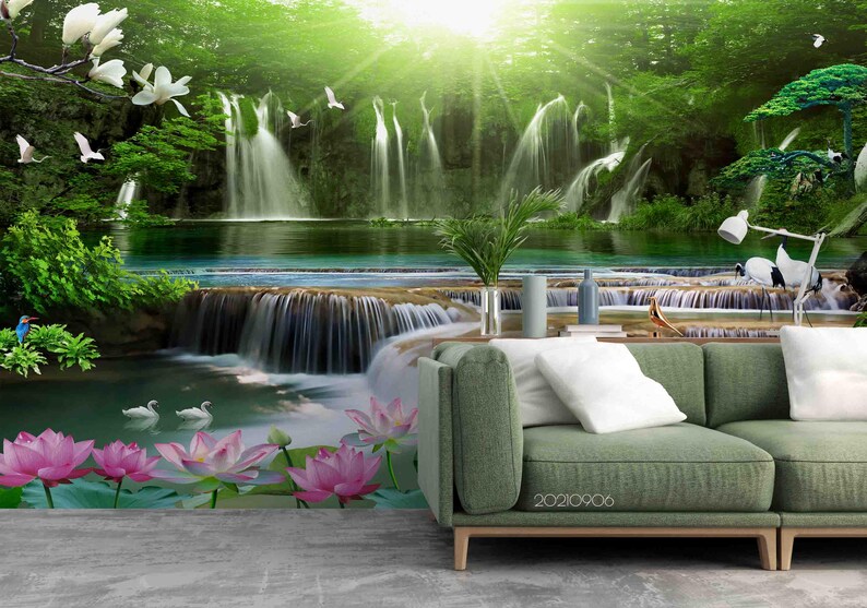 Sunny Waterfall Landscape Wall Mural – Peel and Stick Wallpaper - Etsy