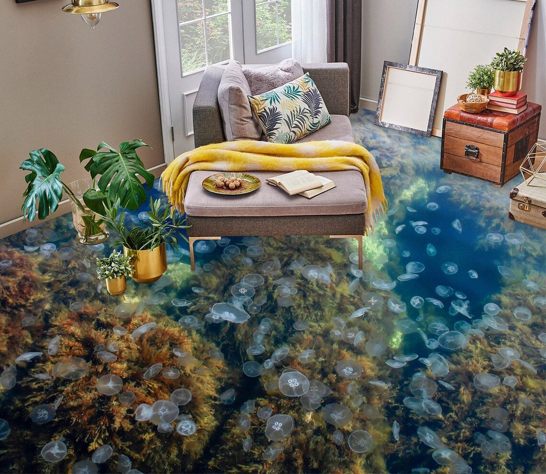 3D Blue Sea Rock Jellyfish, Vinyl Floor Mural, Self-adhesive Vinyl ...