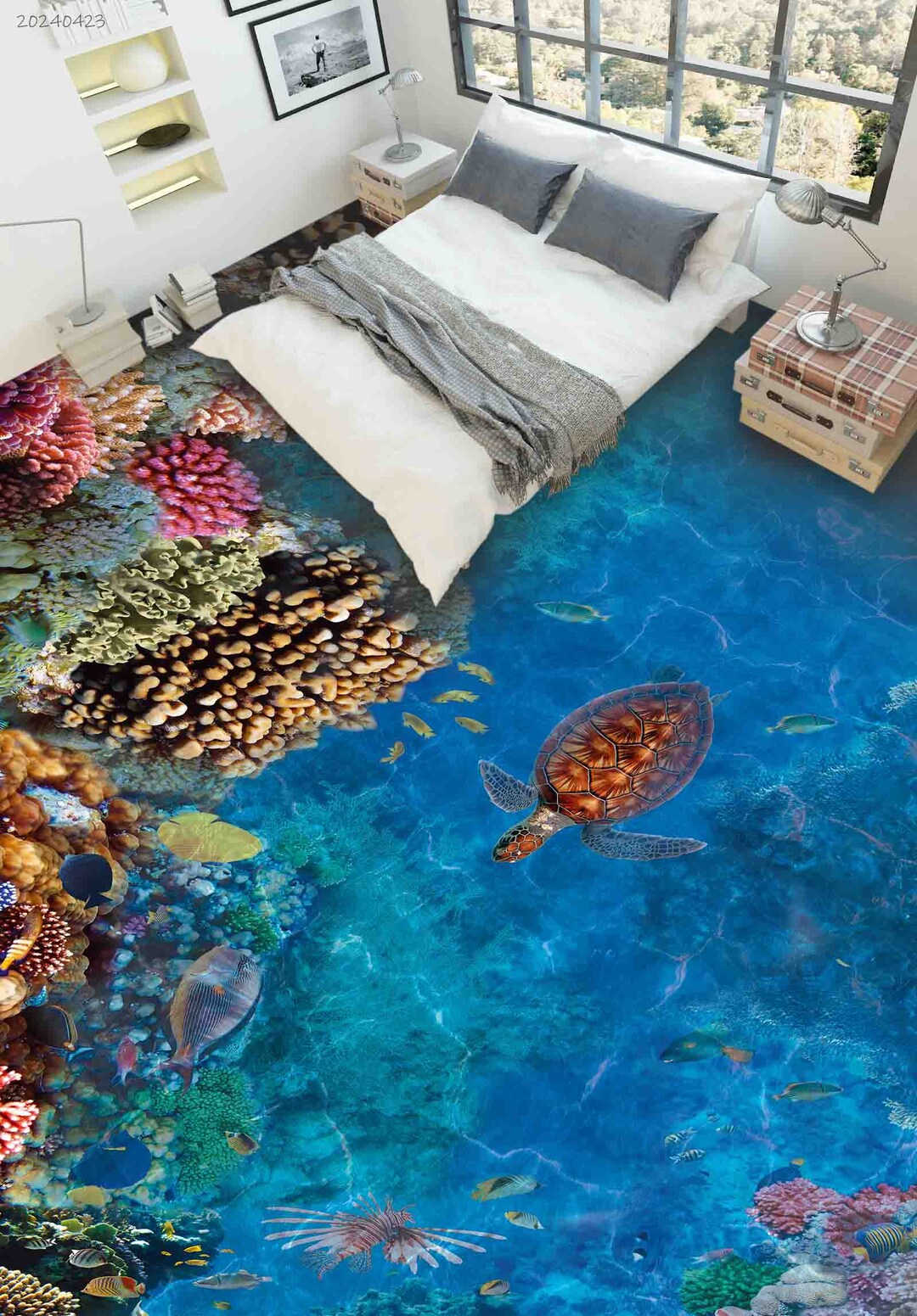 3D Coral Sea Turtle Fish Sea, Vinyl Floor Mural, Self-adhesive Vinyl ...