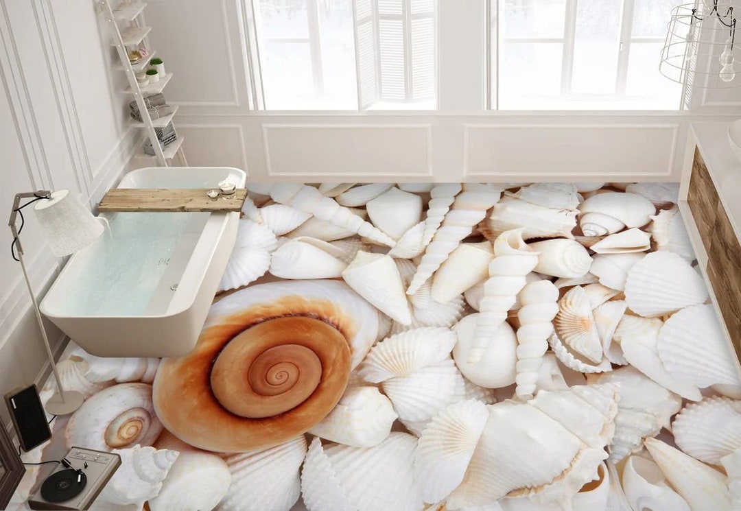 3D White Conch Shell Pattern, Vinyl Floor Mural, Self-adhesive Vinyl ...