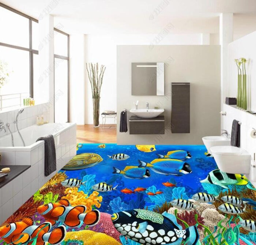 3D Undersea World Fish Coral, Vinyl Floor Mural, Self-adhesive Vinyl ...