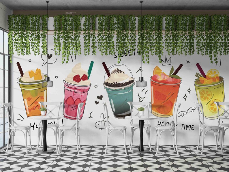 Buttle Tea Shop Wall Mural – Hand Drawn Milk Tea Juice, Peel and Stick ...