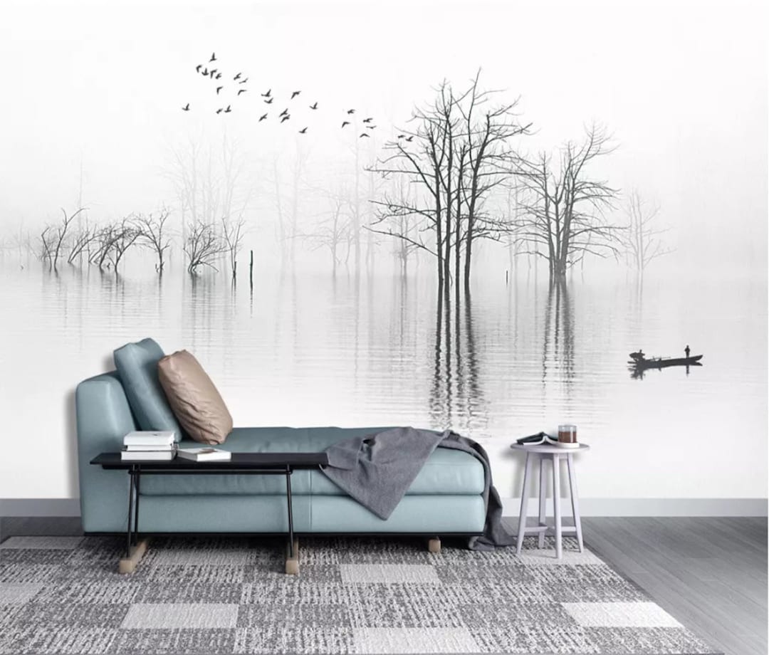 3D Lake Wallpaper, Trees Wall Mural, Quiet Wall Decor, Chinese Style ...