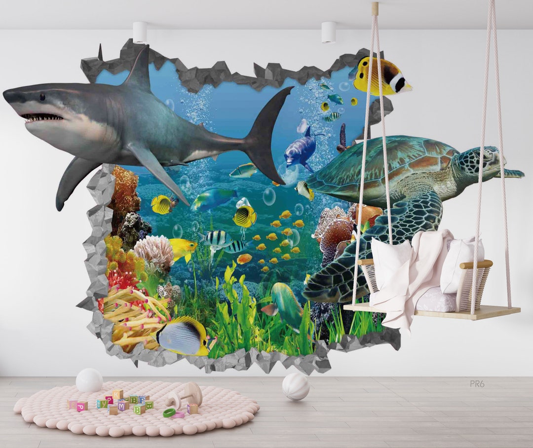 Blue Underwater World Dolphin 3D Peel and Stick, Removable Wallpaper ...
