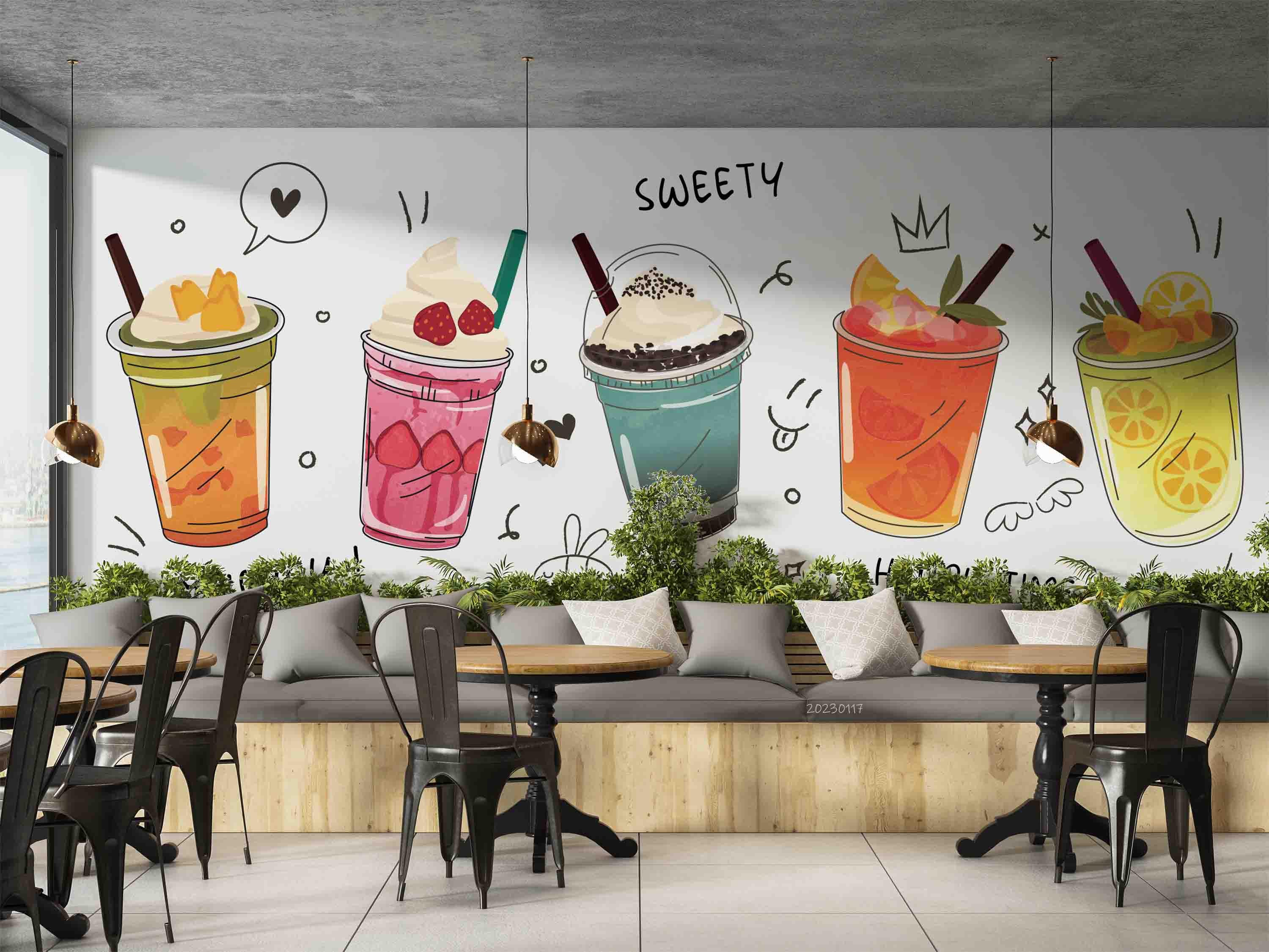 Buttle Tea Shop Wall Mural – Hand Drawn Milk Tea Juice, Peel and Stick ...