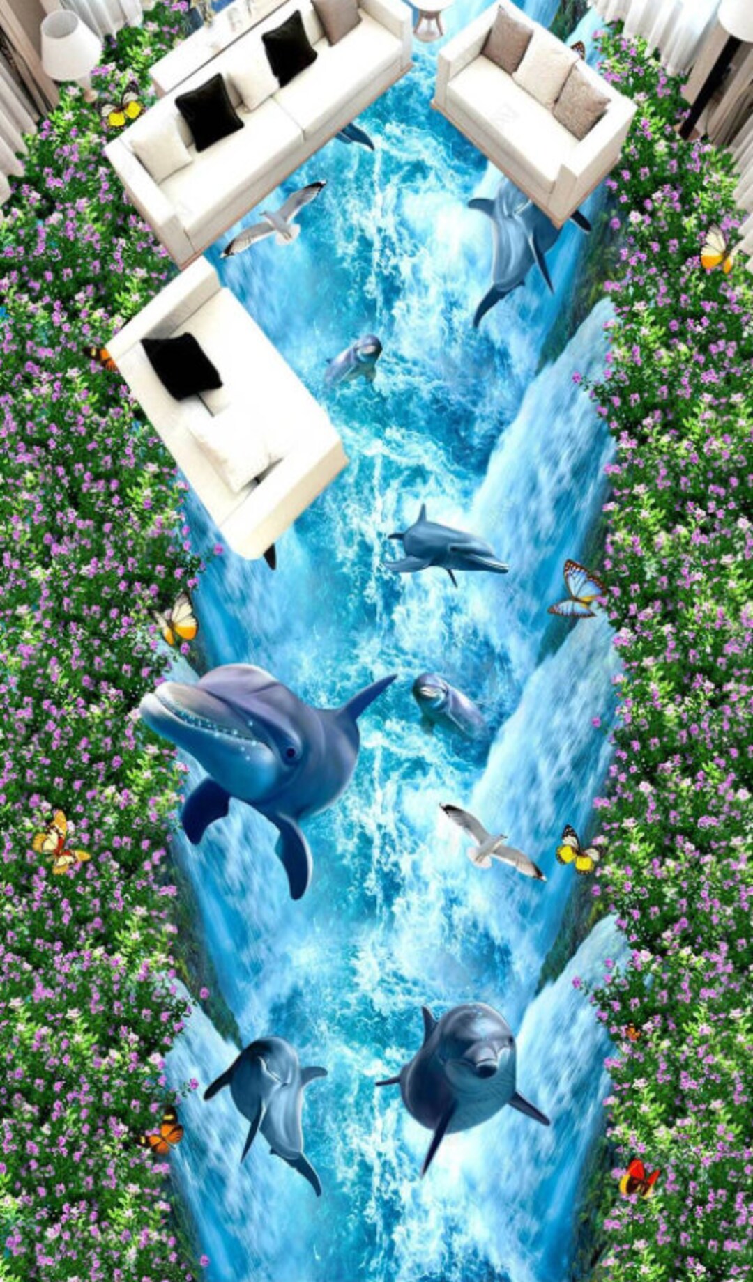 3D Dolphin Waterfall Floral, Vinyl Floor Mural, Self-adhesive Vinyl ...
