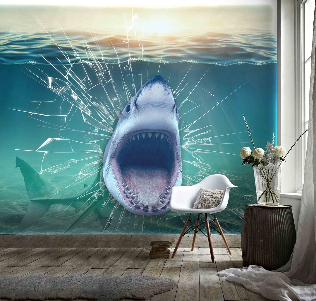 3D Shark Wallpaper, Undersea Wall Mural, Fierce Animal Wall Decor ...