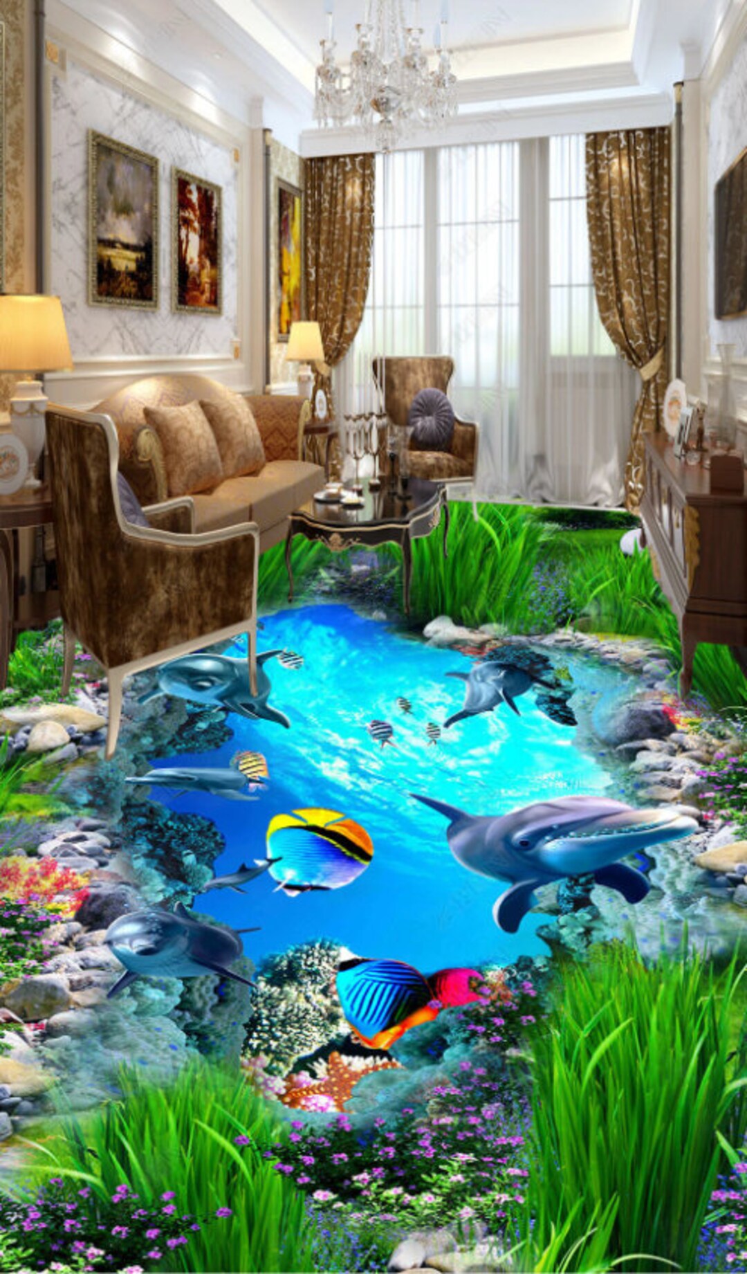 3D Dolphin Fish Grass, Vinyl Floor Mural, Self-adhesive Vinyl, Floor ...