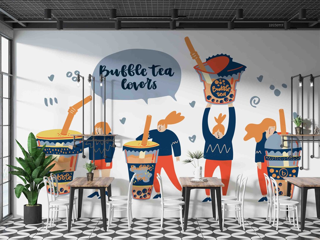 3D Cartoon, Hand Drawn, Bubble Tea, Milk Tea Shop, Pearl Tea, Wall Art ...
