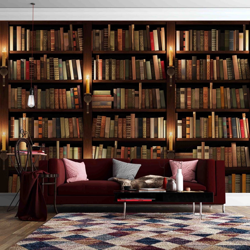 3D Bookshelf Wallpaper, Book Wall Mural, Brown Wall Decor, Vintage Wall ...