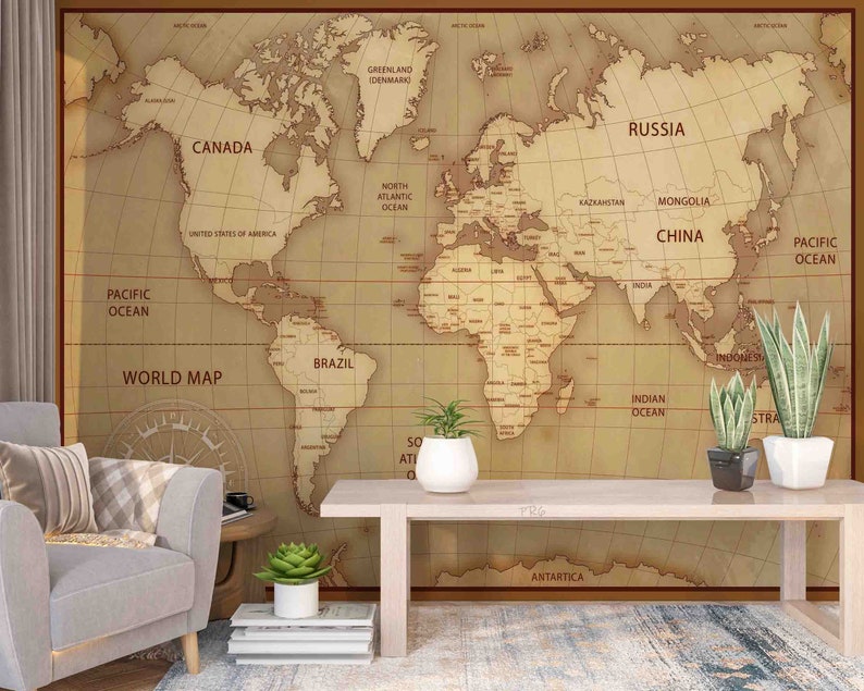 Retro Brown World Map, Peel and Stick Removable Wallpaper Mural - Etsy