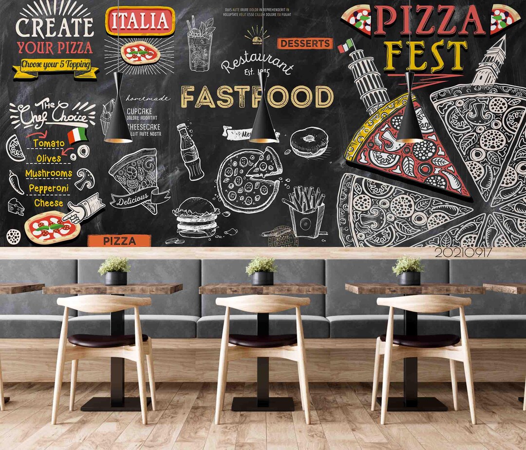 Pizza Shop Wall Mural – 3D Restaurant Wallpaper, Peel and Stick - Etsy