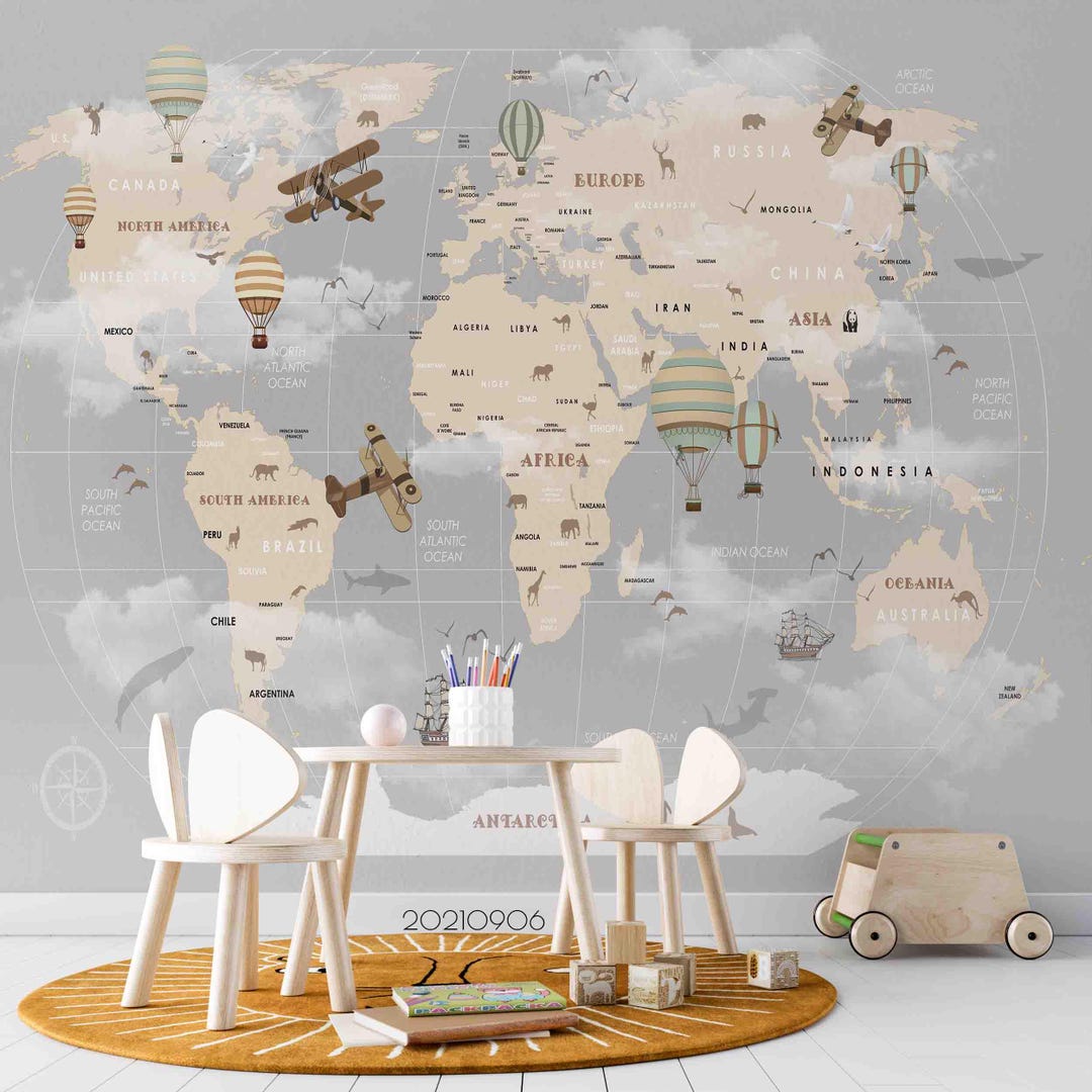 World Map Wall Mural – 3D Retro Hot Air Balloon Plane Kids Wallpaper ...