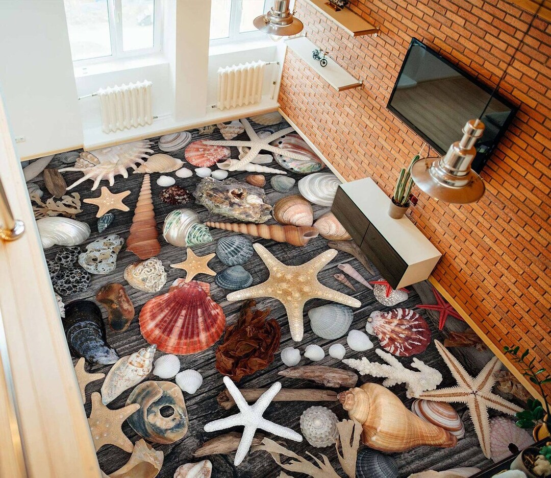 3D Ocean Scallop Starfish, Vinyl Floor Mural, Self-adhesive Vinyl ...