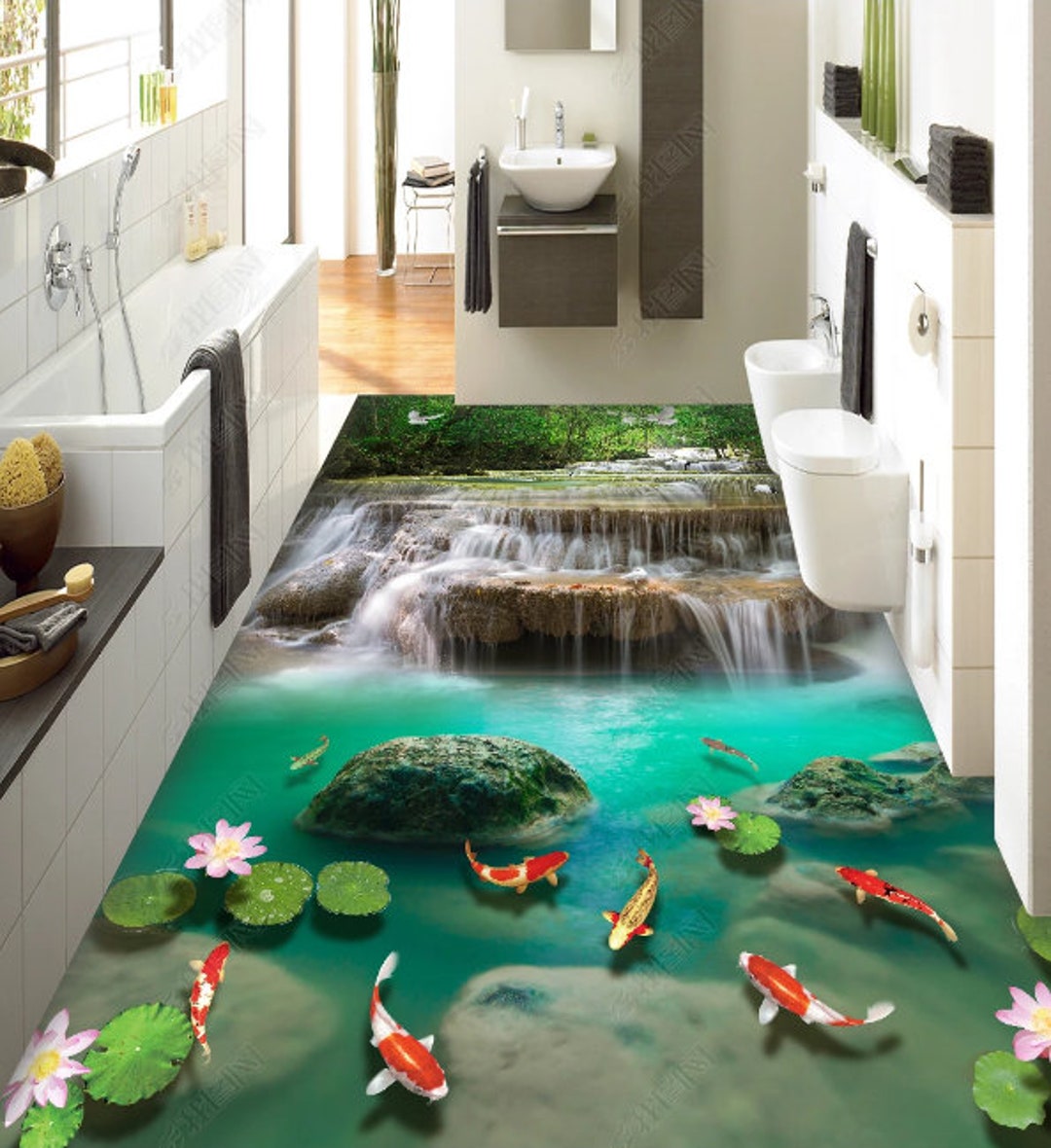 3D Waterfall Pond Goldfish, Vinyl Floor Mural, Self-adhesive Vinyl ...