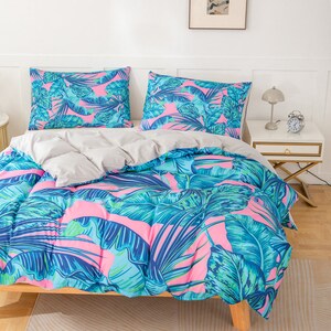 3D Leaves Duvet Covers Set, Blue Quilt Cover, Tropical Bedding Set ...