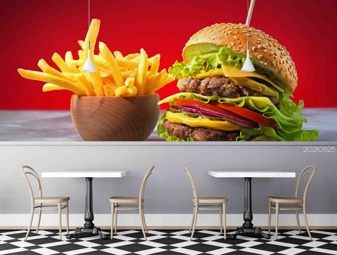3D Food Hamburger Fries Meat Vegetables Wallpaper Removable Wallpaper ...