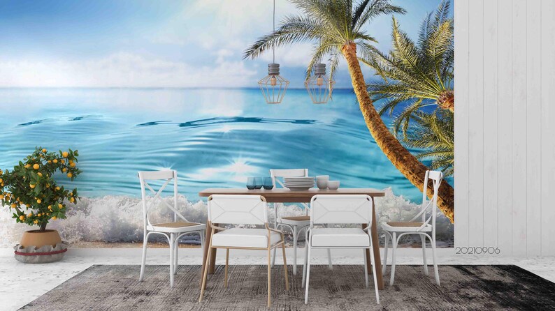 3D Beach Wall Mural – Palm Tree Sea View, Peel and Stick Wallpaper - Etsy
