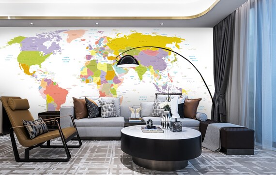 3D World Map Wallpaper High Detail Wall Mural Colorful Wall - Etsy