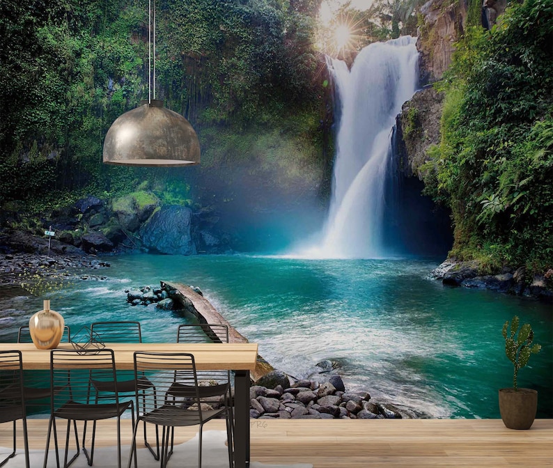 Green Forest Waterfall Wallpaper Mural, Peel and Stick Removable Wall ...