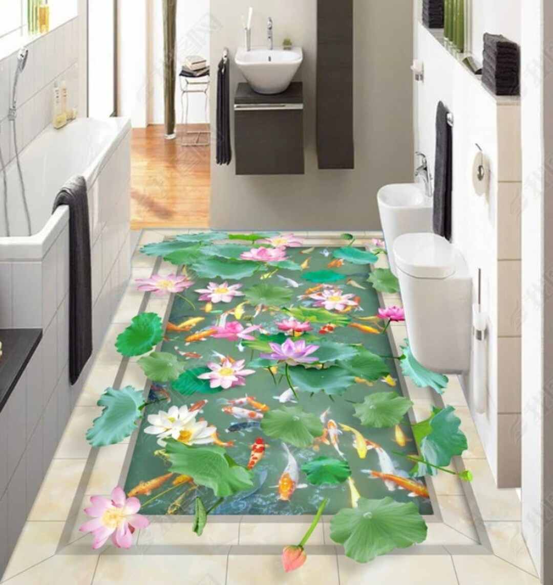 3D Lotus Fish Pond Floral, Vinyl Floor Mural, Self-adhesive Vinyl ...