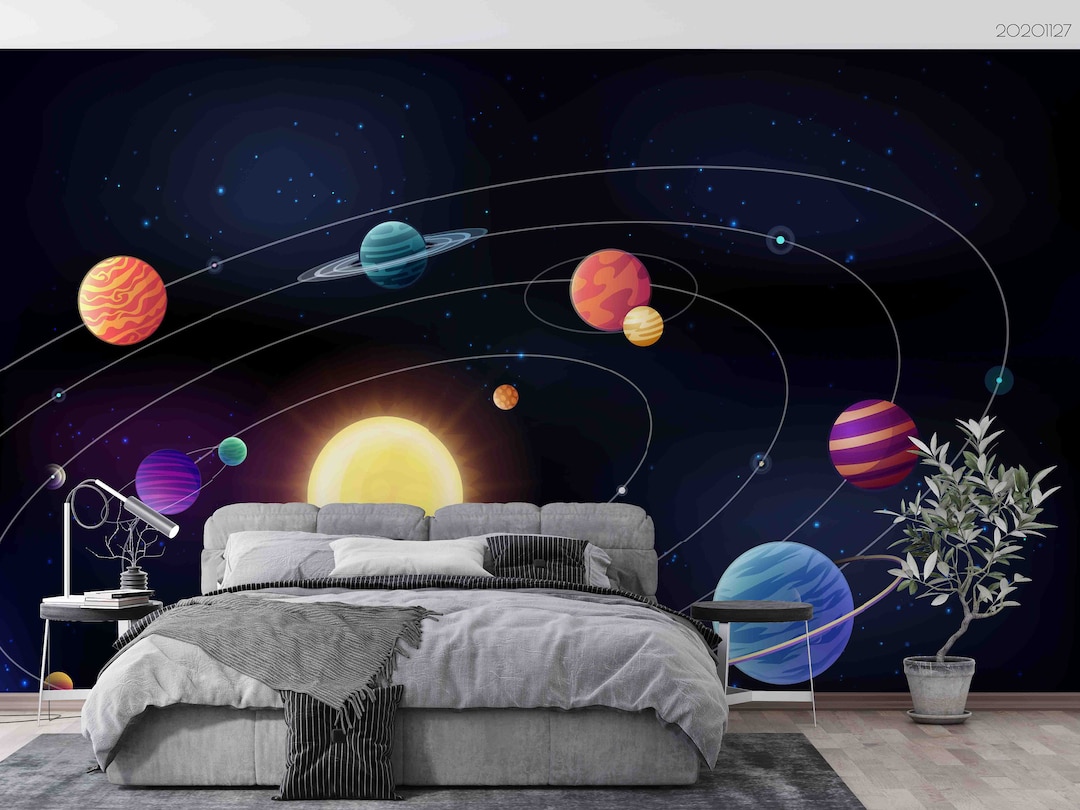 3D Cartoon Space Solar System Planet Track Wallpaper Removable ...
