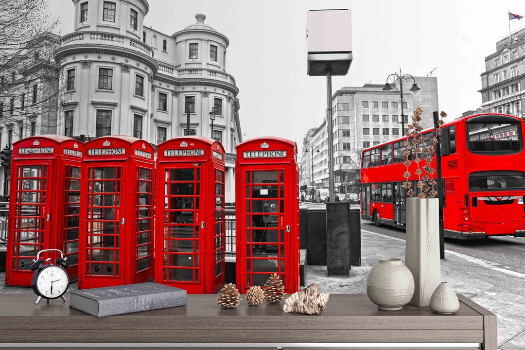 3D London Street Wallpaper Mural, Red Bus, Phone Booth, Peel and Stick ...