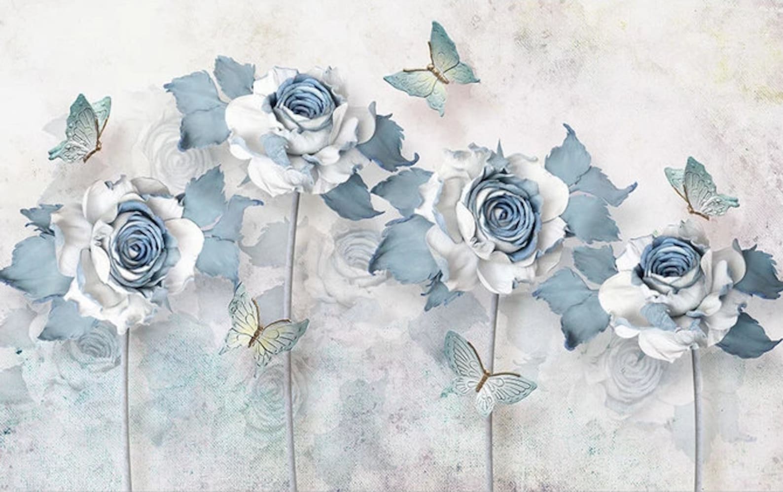 3D Rose Wallpaper Blue Rose Wall Mural Butterfly Fly Wall - Etsy