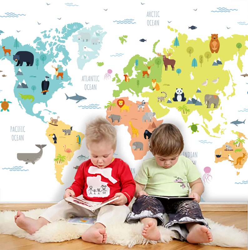 3D World Map Wallpaper, Cartoon Animal Mural, Kids Wall Decor - Etsy