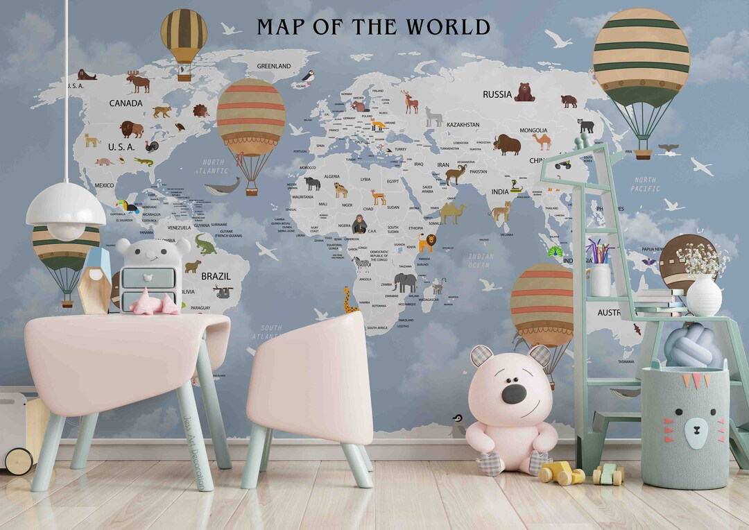 3D Cartoon World Map Wallpaper-nursery Wllpaper Removable Wallpaper ...