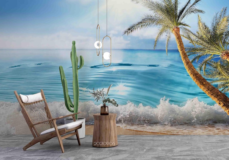 3D Beach Wall Mural – Palm Tree Sea View, Peel and Stick Wallpaper - Etsy