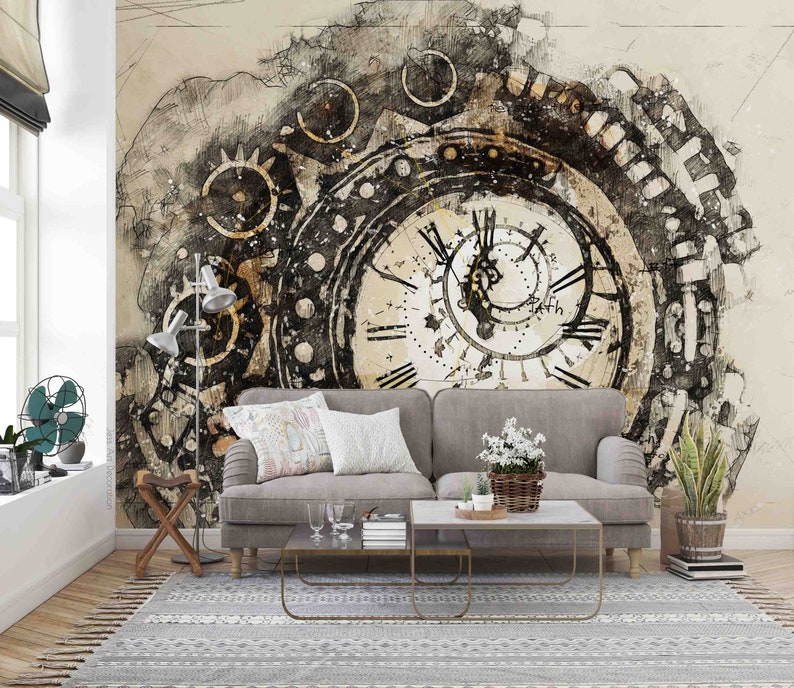 3D Clock Wallpaper Mural, Vintage Painting Wall Decor, Peel and Stick ...