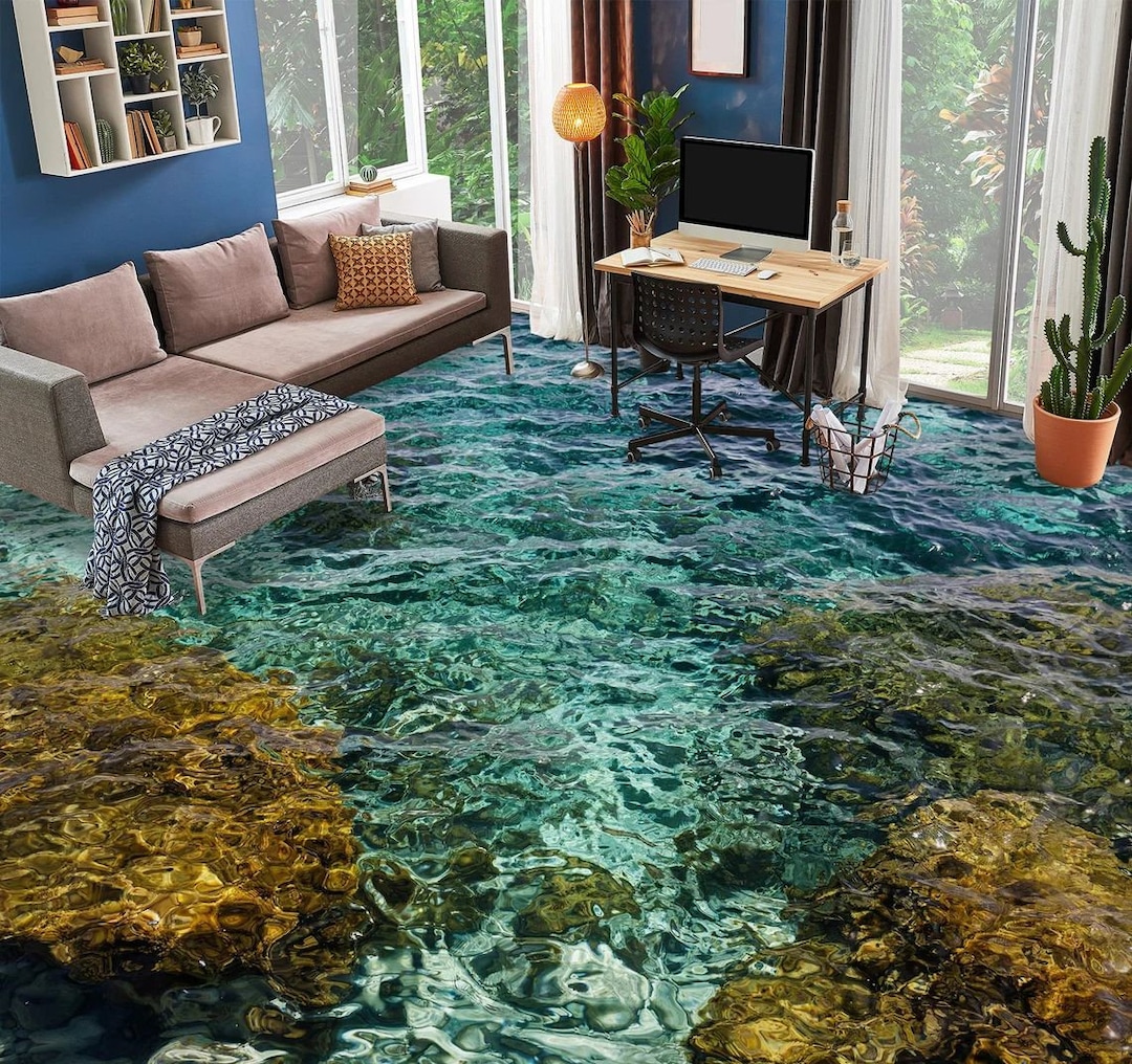 3D Green Sea Water Rock Nature, Vinyl Floor Mural, Self-adhesive Vinyl ...
