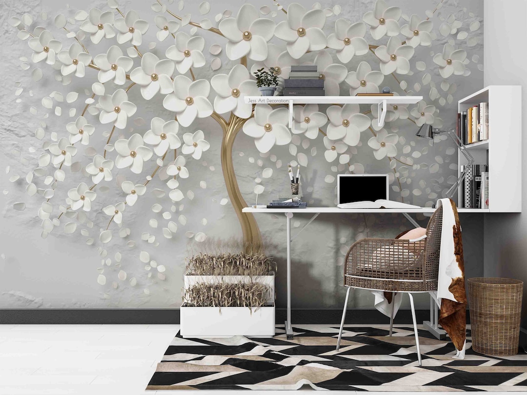 3D Embossed Floral Tree Wallpaper, Removable Peel and Stick Wall Mural ...