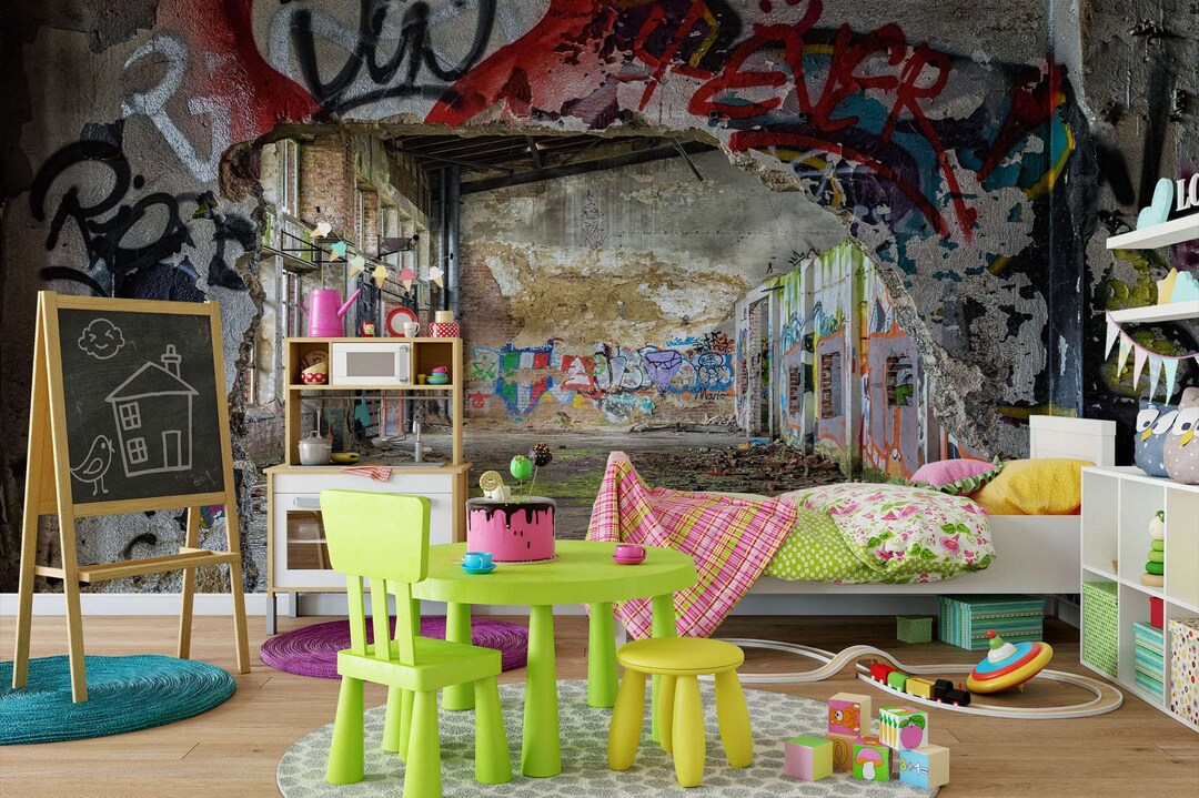 3D Graffiti Wallpaper, Letters Wall Mural, Cement Texture Wall Decor ...