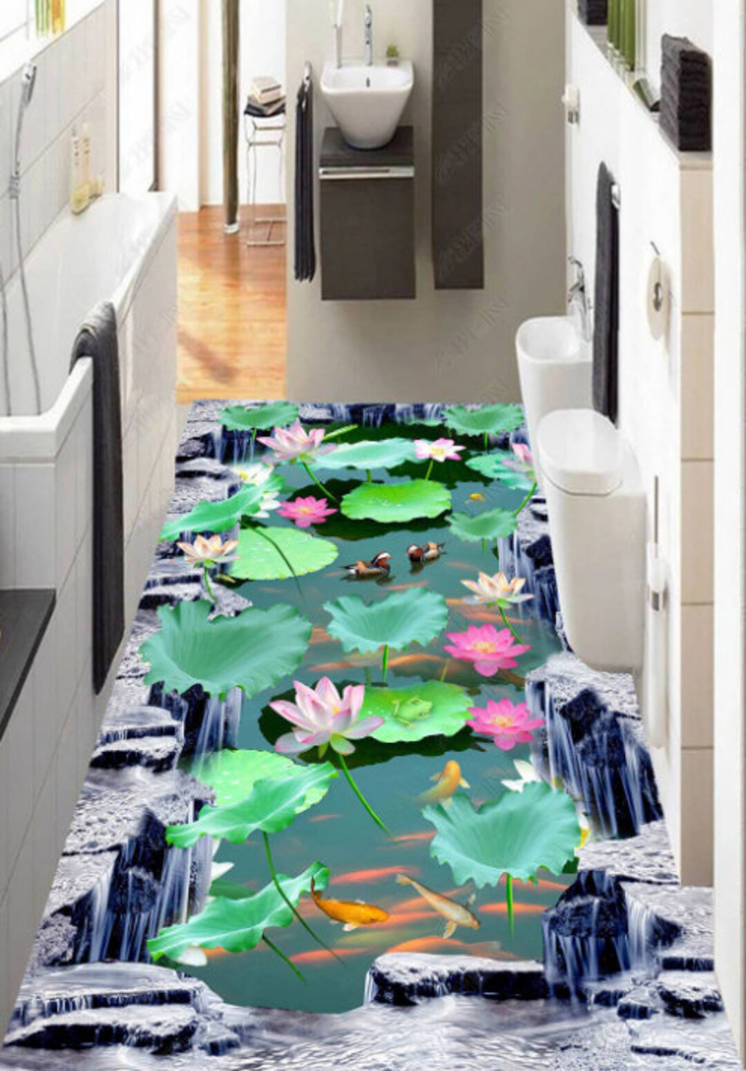 3D Lake Lotus Fish, Vinyl Floor Mural, Self-adhesive Vinyl, Floor Art ...